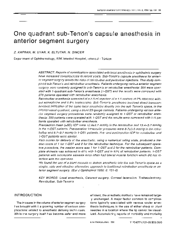(PDF) One Quadrant Sub-Tenon's Capsule Anesthesia in Anterior Segment ...