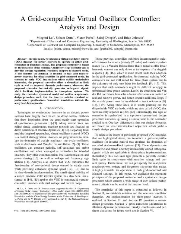 (PDF) A Grid-compatible Virtual Oscillator Controller: Analysis and Design