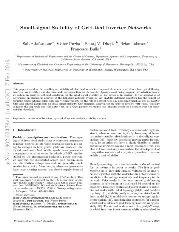(PDF) Small-signal Stability of Grid-tied Inverter Networks