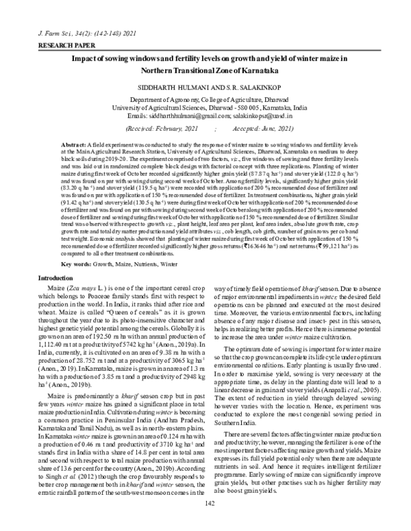 Pdf Impact Of Sowing Windows And Fertility Levels On Growth And Yield