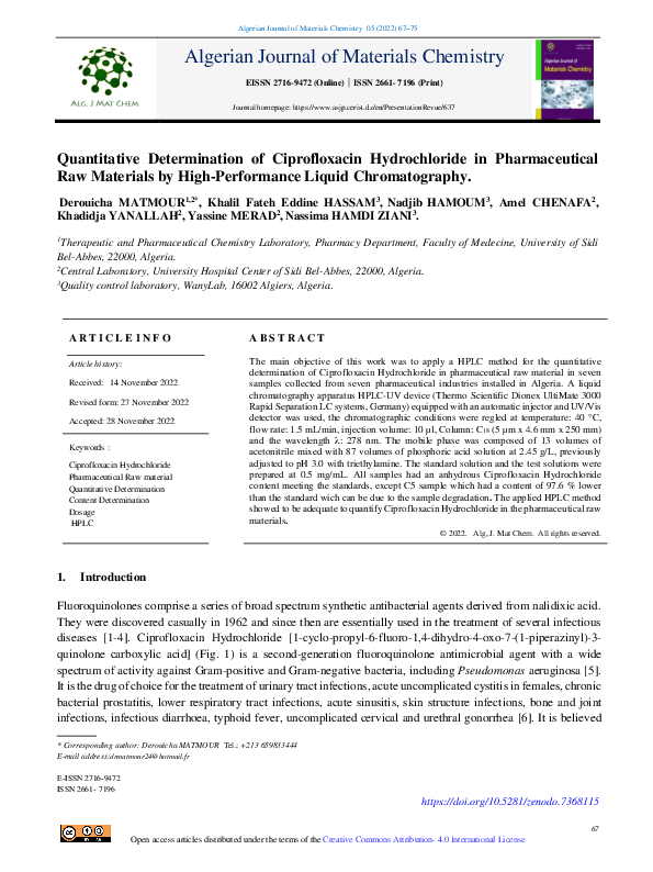 (PDF) Quantitative Determination of Ciprofloxacin Hydrochloride in Pharmaceutical Raw Materials ...