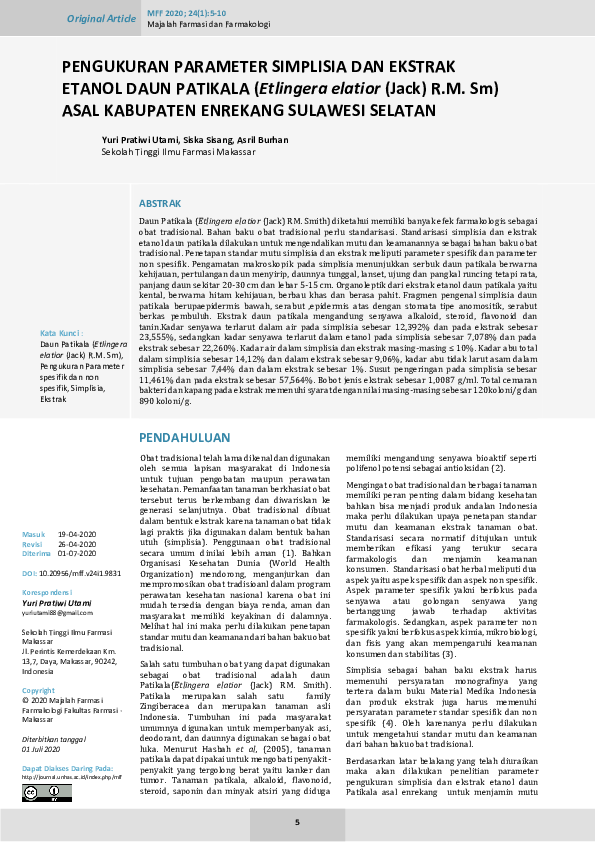 (PDF) PENGUKURAN PARAMETER SIMPLISIA DAN EKSTRAK ETANOL DAUN PATIKALA (Etlingera elatior (Jack ...