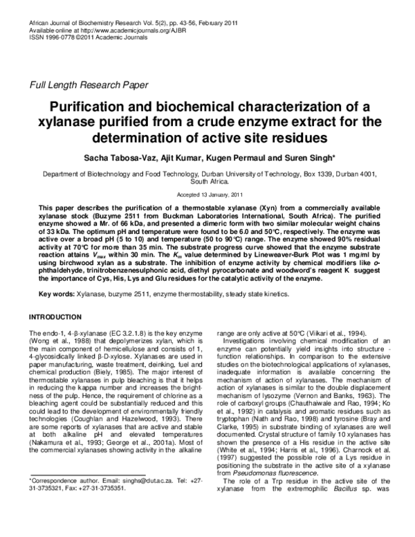 (PDF) Purification and biochemical characterization of a xylanase purified from a crude enzyme ...
