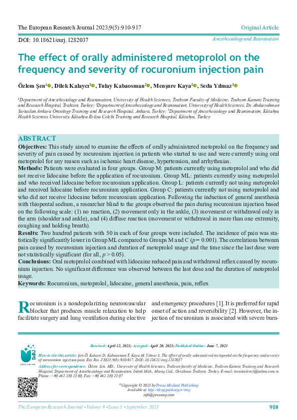 (PDF) Metoprolol and Lidocaine: Pain Reduction in Rocuronium
