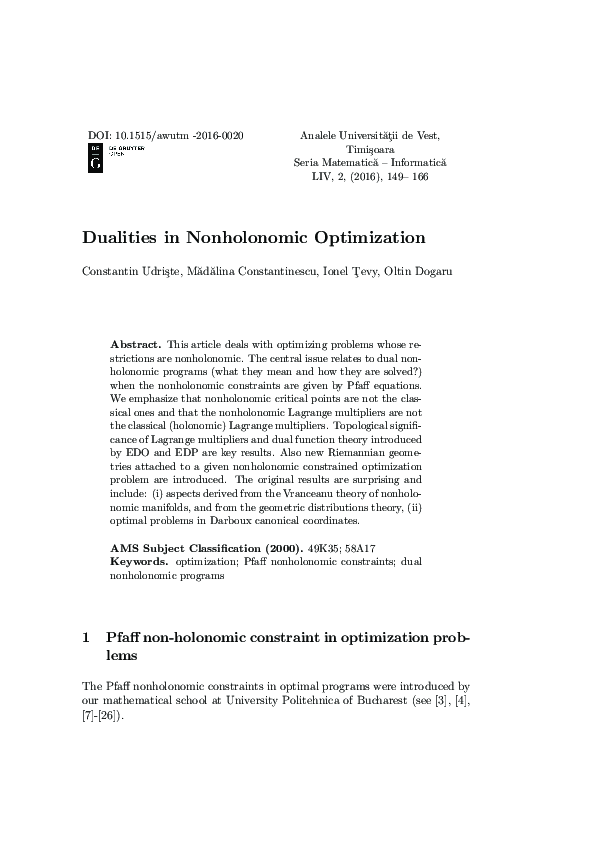 (PDF) Dualities in Nonholonomic Optimization