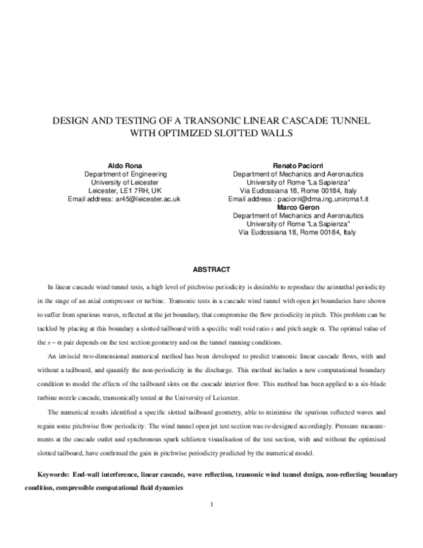 (PDF) Design and Testing of a Transonic Linear Cascade Tunnel With ...