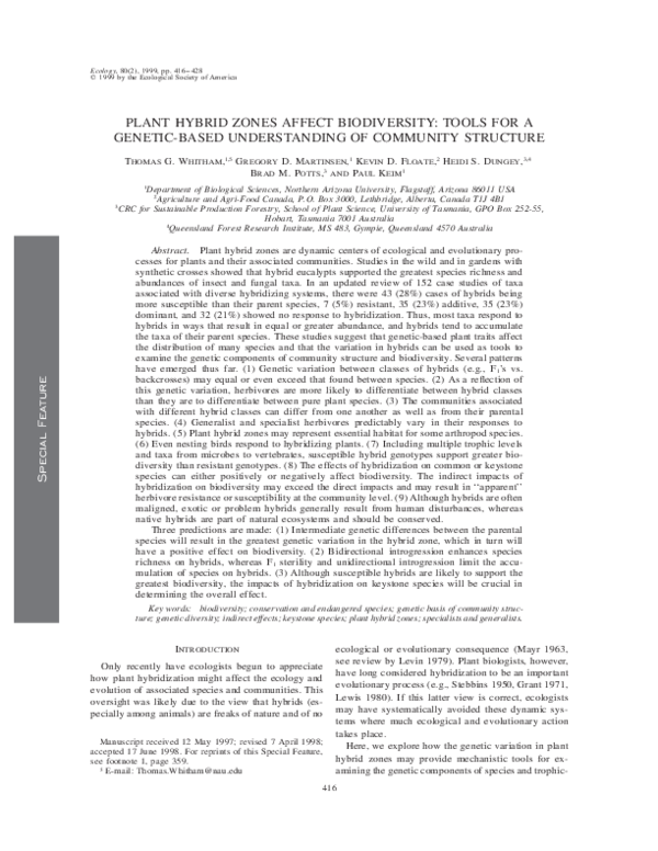 (PDF) Plant Hybrid Zones Affect Biodiversity: Tools for a Genetic-Based ...