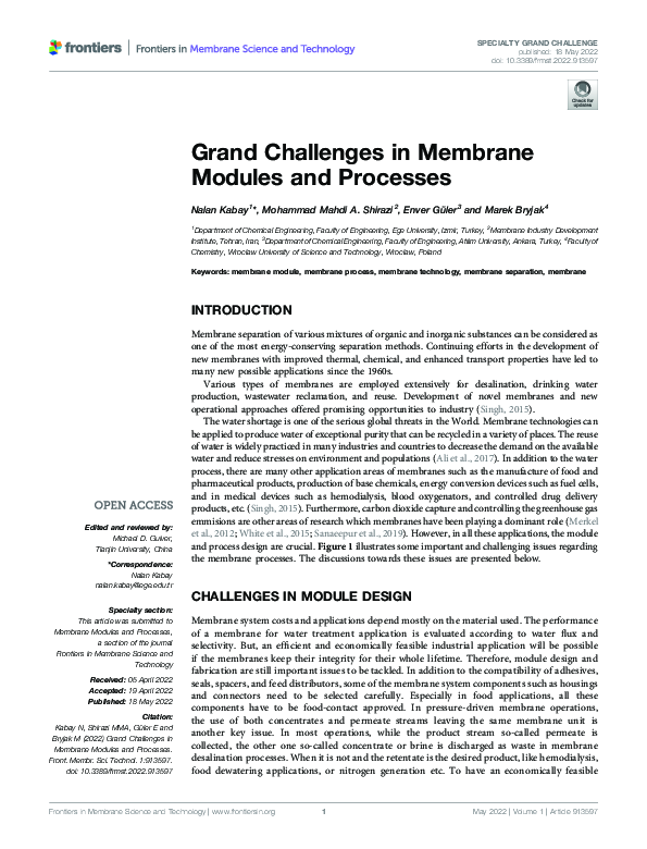 (PDF) Grand Challenges in Membrane Modules and Processes
