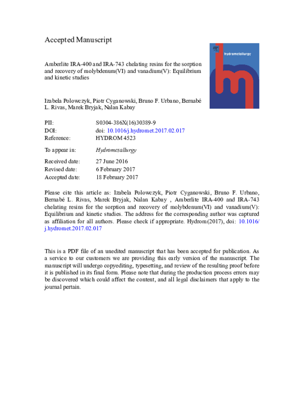 (PDF) Amberlite IRA-400 and IRA-743 chelating resins for the sorption ...