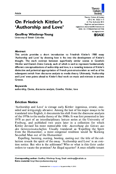 (PDF) On Friedrich Kittler’s ‘Authorship and Love’