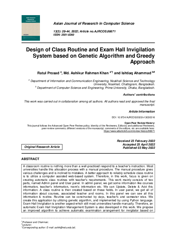 (PDF) Design of Class Routine and Exam Hall Invigilation System based on Genetic Algorithm and ...
