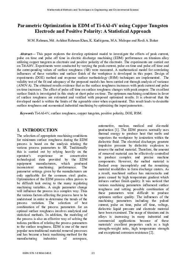 (PDF) Parametric optimization in EDM of Ti-6Al-4V using copper tungsten electrode and positive ...