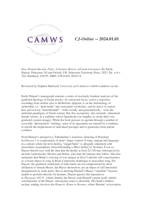 (PDF) Book review of Emily Hauser, How Women Became Poets: A Gender ...