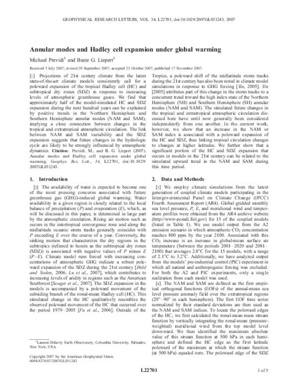 (PDF) Annular modes and Hadley cell expansion under global warming