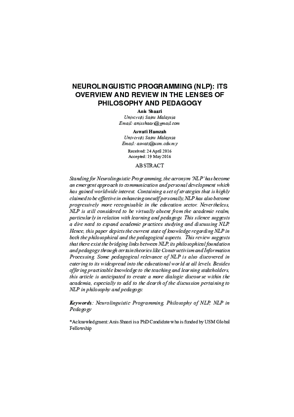Pdf Neurolinguistic Programming Nlp Its Overview And Review In The