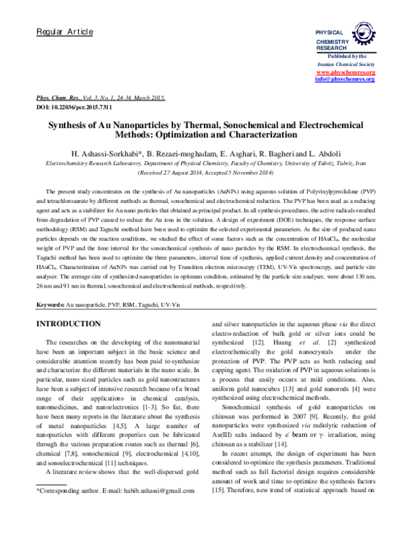 (PDF) Synthesis of Au Nanoparticles by Thermal, Sonochemical and Electrochemical Methods ...