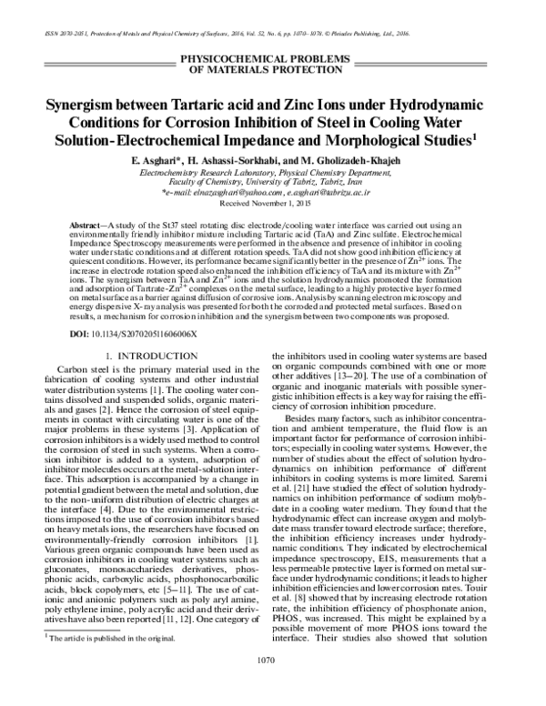 (PDF) Synergism between Tartaric acid and Zinc ions under hydrodynamic conditions for corrosion ...