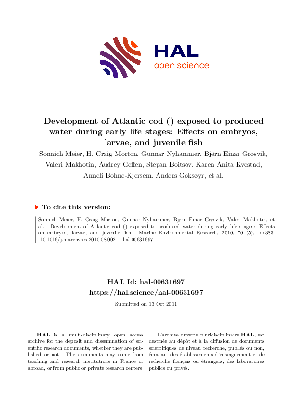 (PDF) Development of Atlantic cod (Gadus morhua) exposed to produced ...