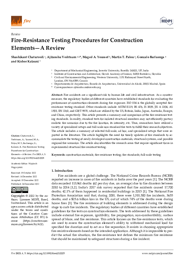(PDF) Fire-Resistance Testing Procedures for Construction Elements—A Review