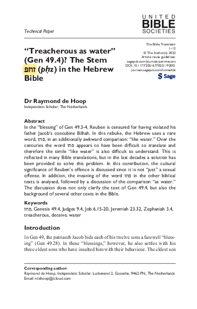 (PDF) "Treacherous as water" (Gen 49.4)? The Stem פחז‬ (pḥz) in the ...