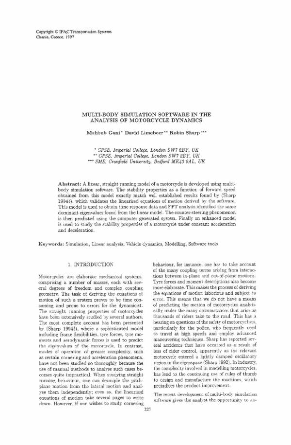 (PDF) Multi-Body Simulation Software in the Analysis of Motorcycle Dynamics