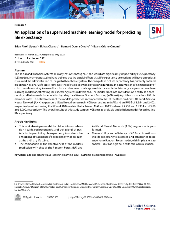 Pdf An Application Of A Supervised Machine Learning Model For Predicting Life Expectancy