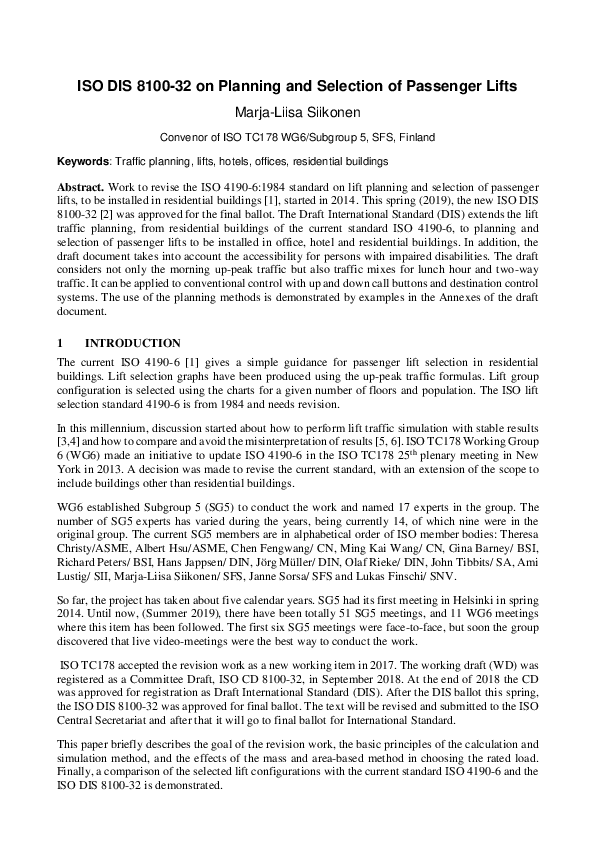 (PDF) ISO DIS 8100-32 on Planning and Selection of Passenger Lifts