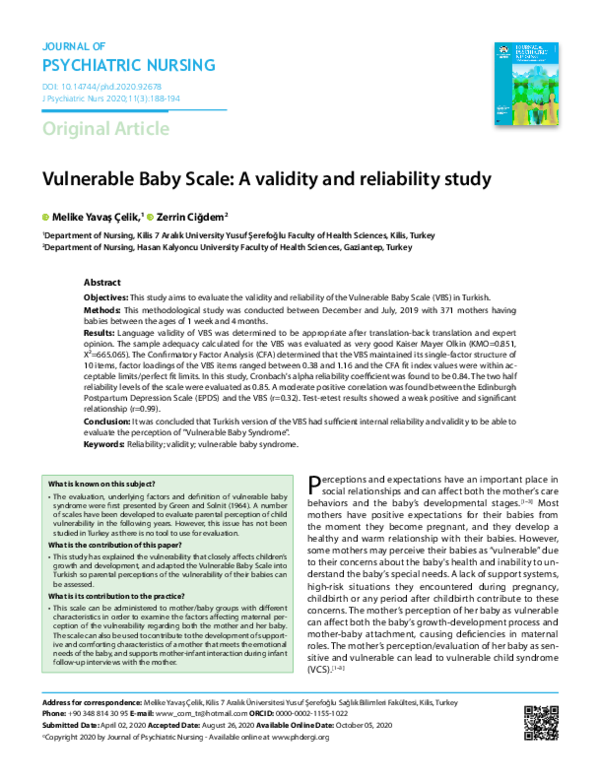 (PDF) Vulnerable Baby Scale: Validity and Reliability Study