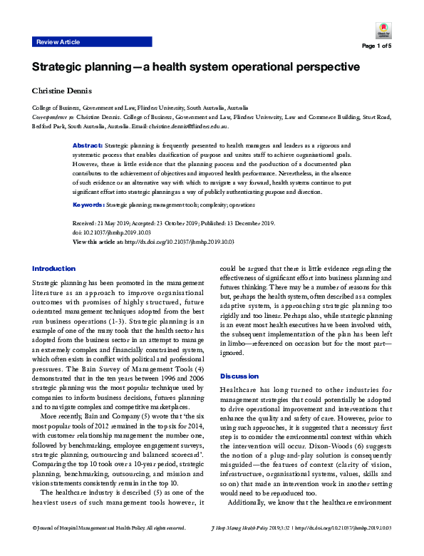(PDF) Strategic planning—a health system operational perspective