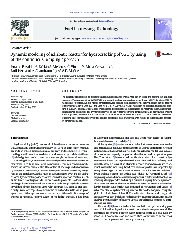 (PDF) Dynamic modeling of adiabatic reactor for hydrocracking of VGO by ...