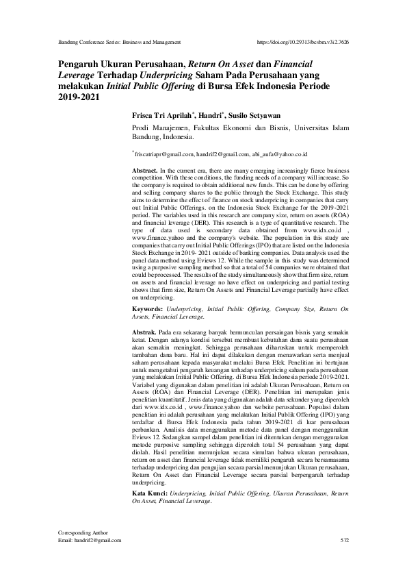 (PDF) Pengaruh Ukuran Perusahaan, Return On Asset dan Financial ...