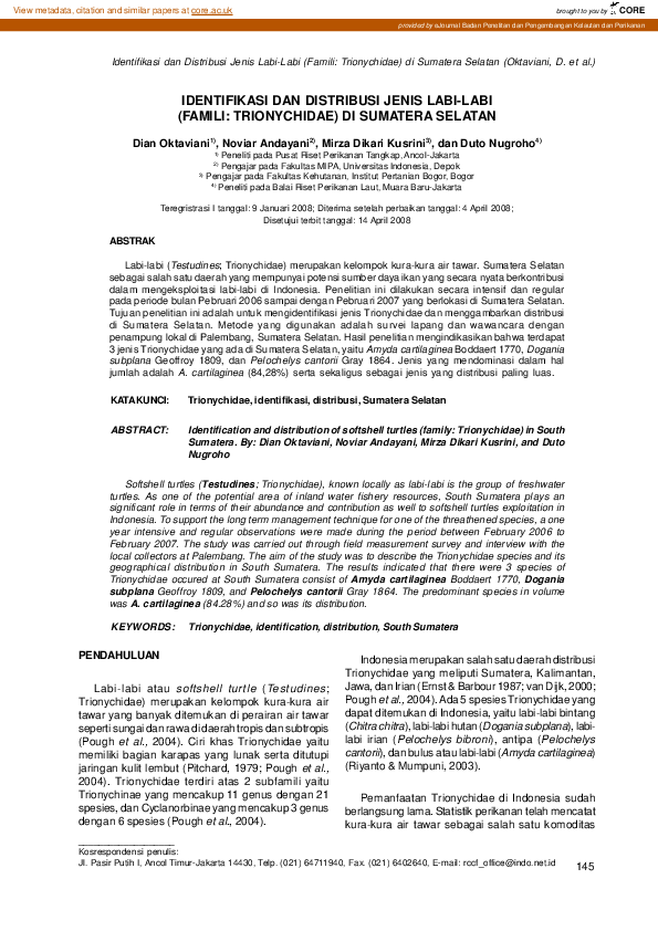(PDF) Identifikasi Dan Distribusi Jenis Labi-Labi (Famili: Trionychidae ...