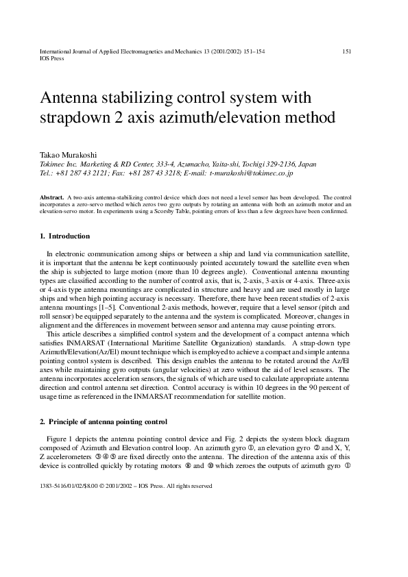 (PDF) Antenna stabilizing control system with strapdown 2 axis azimuth/elevation method | Takao ...