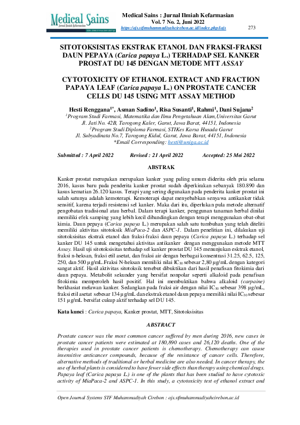 (PDF) SITOTOKSISITAS EKSTRAK ETANOL DAN FRAKSI-FRAKSI DAUN PEPAYA ...
