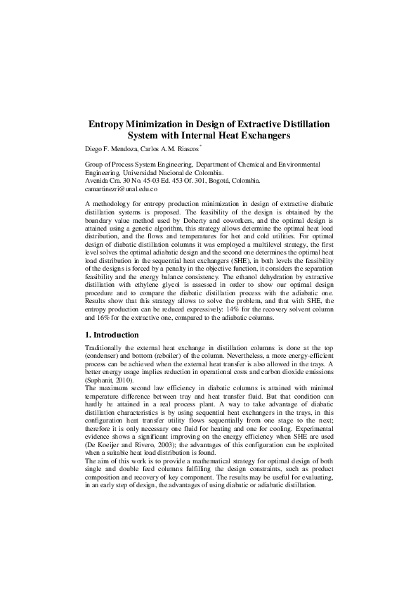 (PDF) Entropy minimization in design of extractive distillation system ...
