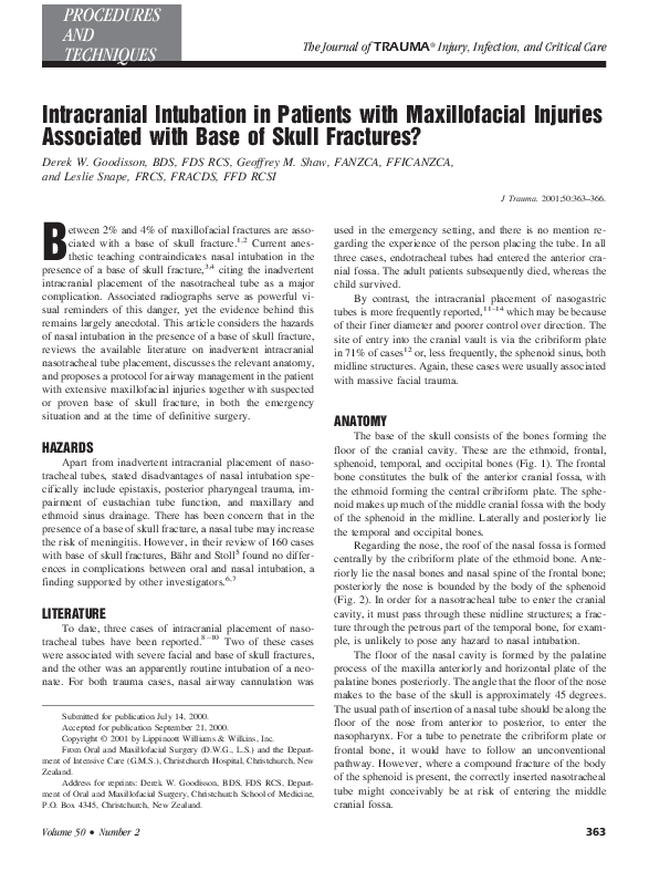 (PDF) Intracranial Intubation in Patients with Maxillofacial Injuries ...
