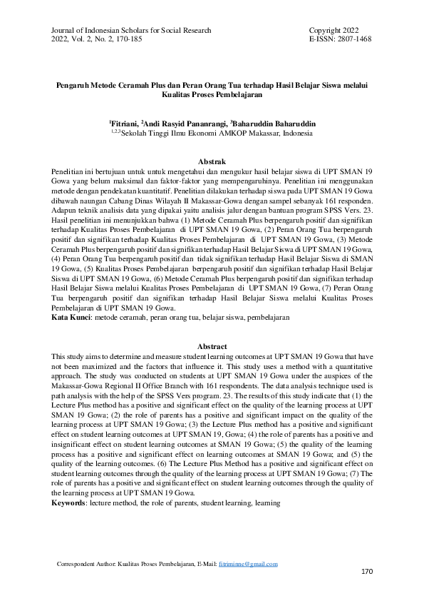 (PDF) Pengaruh Metode Ceramah Plus dan Peran Orang Tua terhadap Hasil Belajar Siswa melalui ...