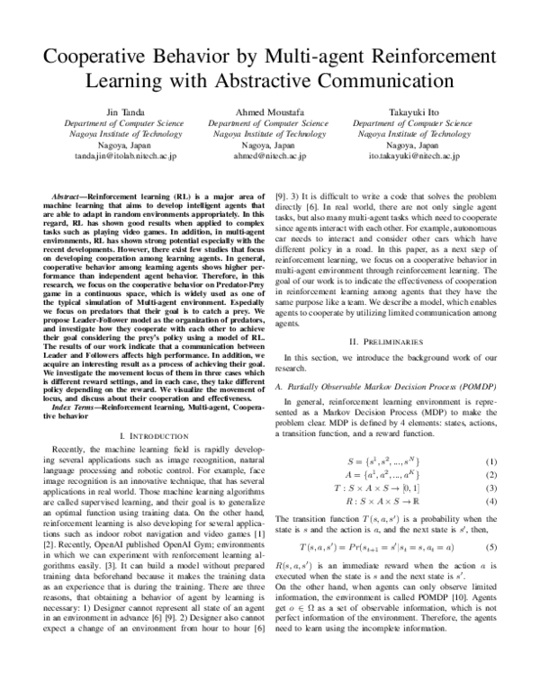 (PDF) Cooperative Behavior by Multi-agent Reinforcement Learning with ... (PDF) Cooperative Behavior by Multi-agent Reinforcement Learning with ...