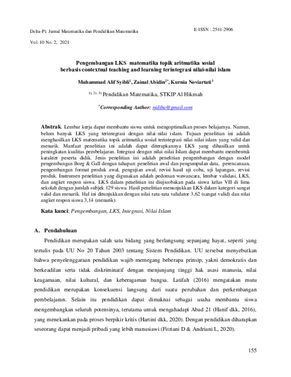 (PDF) Pengembangan lembar kerja siswa berbasis contextual teaching and learning terintegrasi ...