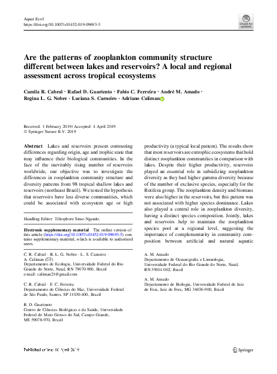 (PDF) Are the patterns of zooplankton community structure different between lakes and reservoirs ...