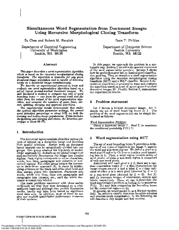 Pdf Simultaneous Word Segmentation From Document Images Using Recursive Morphological Closing