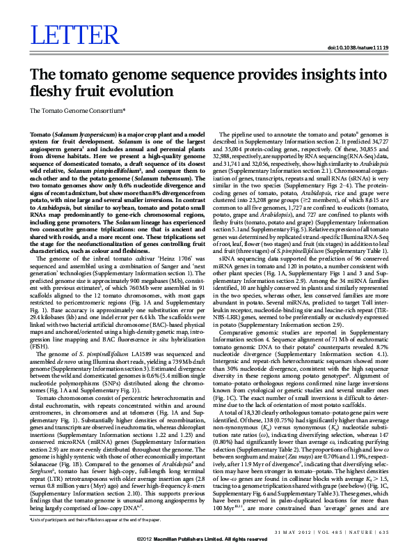 (PDF) Tomato Genome Sequence and Fleshy Fruit Evolution Insights