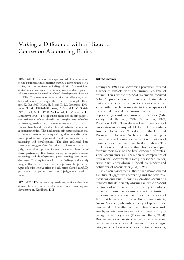 (PDF) Making a Difference with a Discrete Course on Accounting Ethics | Steven Dellaportas ...