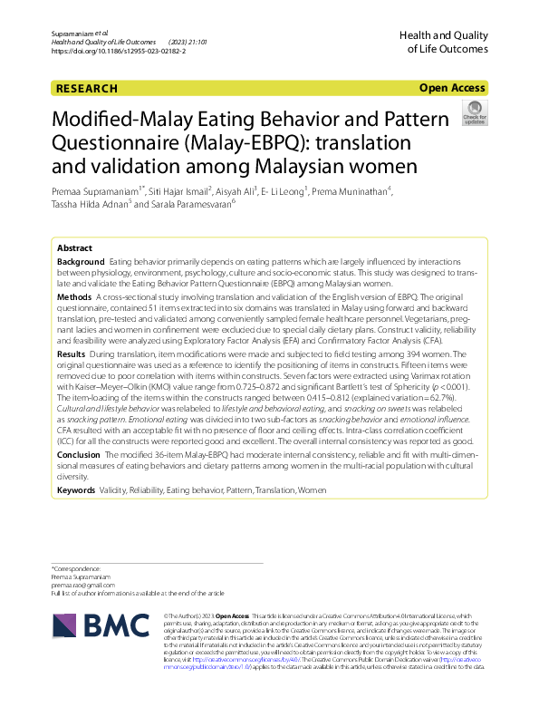 (PDF) Modified-Malay Eating Behavior and Pattern Questionnaire (Malay ...