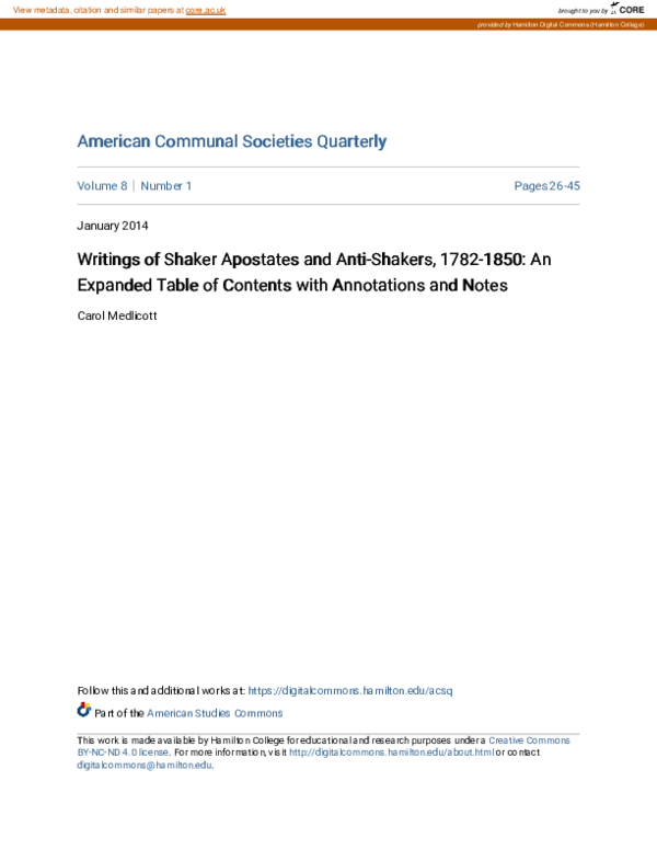 (PDF) Writings of Shaker Apostates and Anti-Shakers, 1782-1850: An ...
