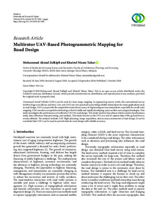 (PDF) Multirotor UAV-Based Photogrammetric Mapping for Road Design