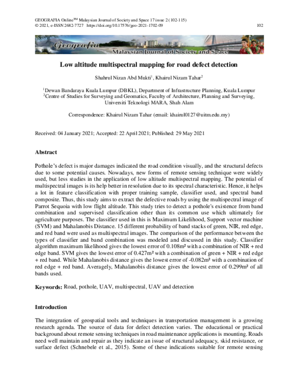 (PDF) Low altitude multispectral mapping for road defect detection