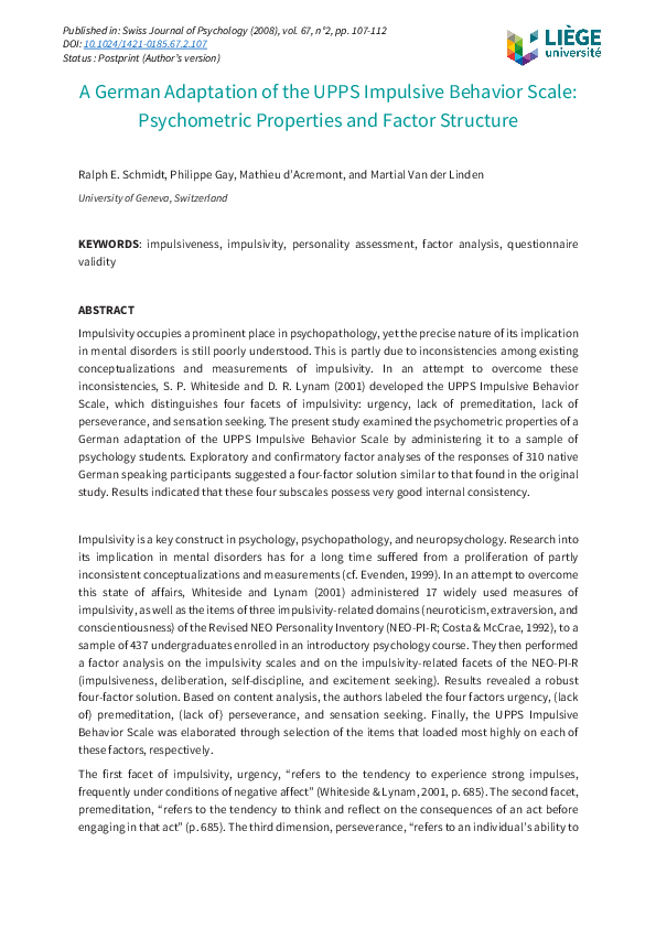 (PDF) A German Adaptation of the UPPS Impulsive Behavior Scale ...