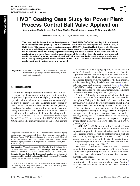 (PDF) HVOF Coating Case Study for Power Plant Process Control Ball ...