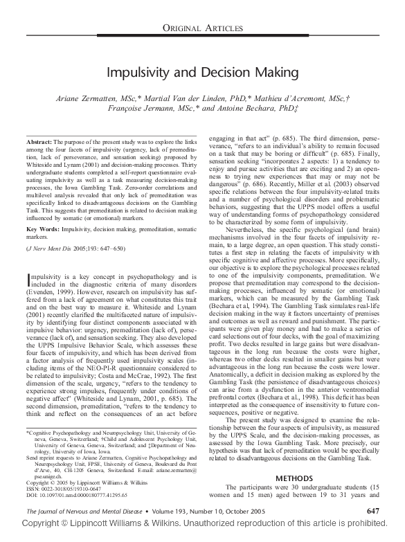 (PDF) Impulsivity and Decision Making